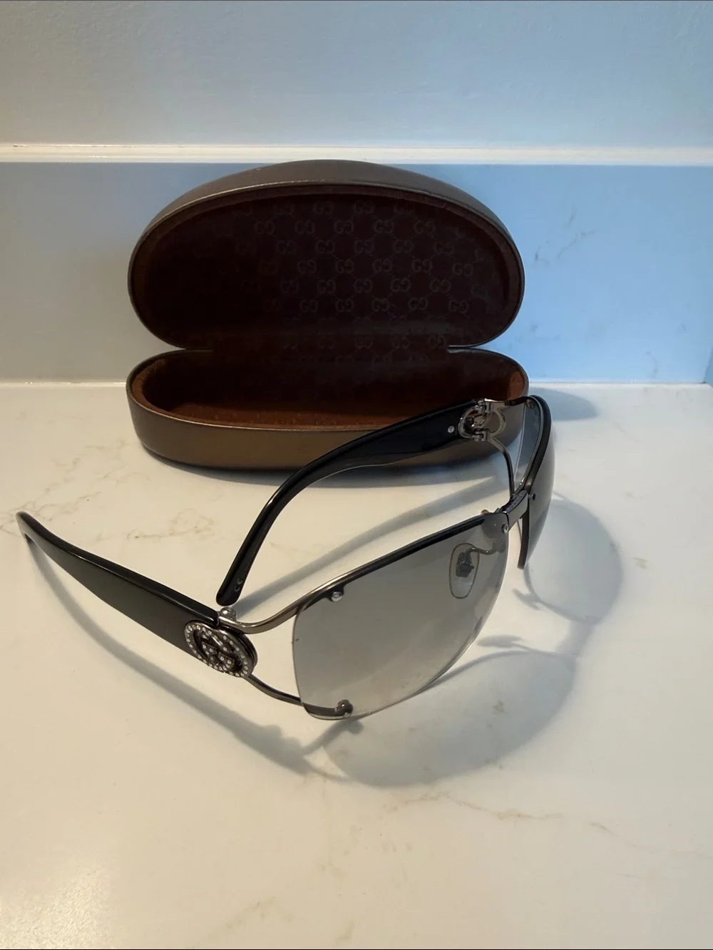 Gucci | Accessories | Gucci Silver Rimless Sunglasses With Gray ...